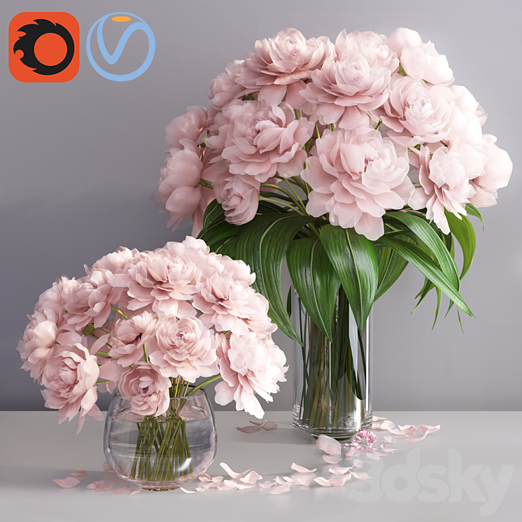 [3DSKY] Pastel Pink Peonies In 2 Glass Vases Set 3D Model | NEW UPDATE 2023
