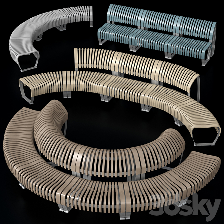 Modular curved and straight bench - Urban environment - 3D model