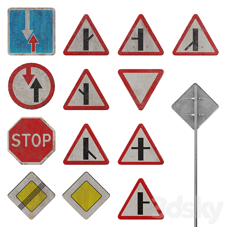 Priority Road Signs - Urban environment - 3D model