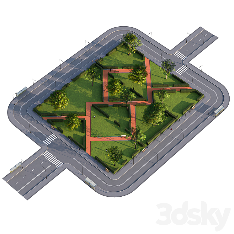 A street with road markings and a landscaped park - Urban environment ...